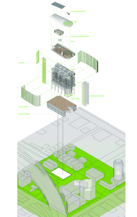 COE – Argyle Tower-exploded axon and 3D model with text WP